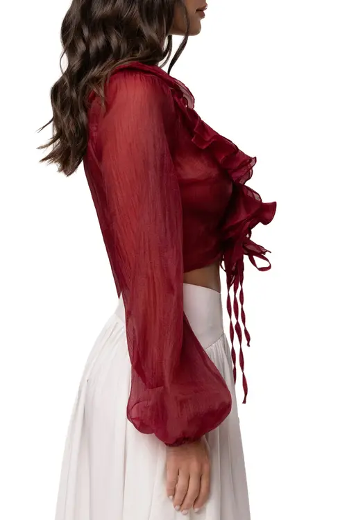 JLUXLABEL Delilah Ruffled Tie Front Cropped Blouse - Berry