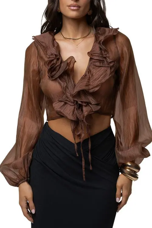 JLUXLABEL Delilah Ruffled Tie Front Cropped Blouse - Bronze