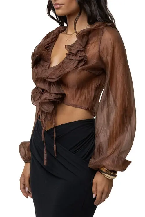 JLUXLABEL Delilah Ruffled Tie Front Cropped Blouse - Bronze
