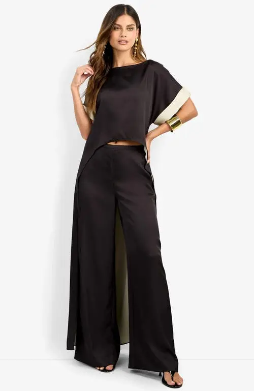 Trina Turk Mattiah Satin Top With Maxi Train - Black