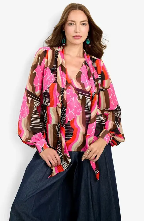 Trina Turk Pienza Printed V-neck Tie Neck Long Sleeve Blouse