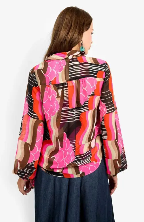 Trina Turk Pienza Printed V-neck Tie Neck Long Sleeve Blouse