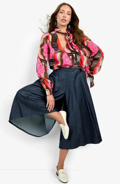 Trina Turk Pienza Printed V-neck Tie Neck Long Sleeve Blouse
