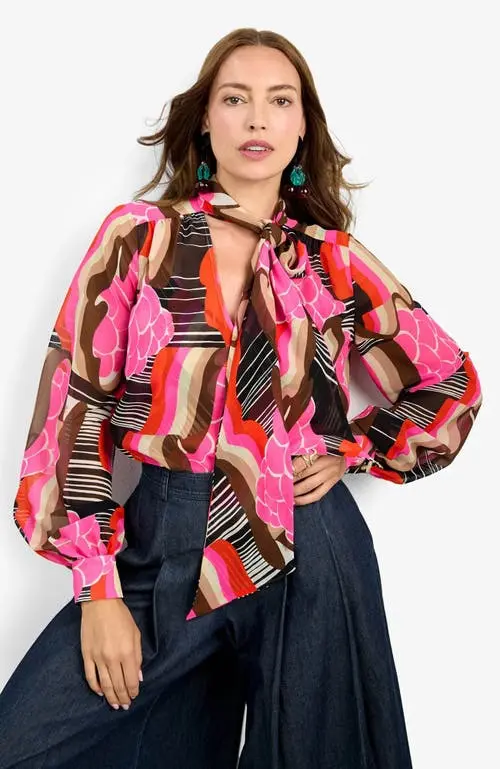 Trina Turk Pienza Printed V-neck Tie Neck Long Sleeve Blouse