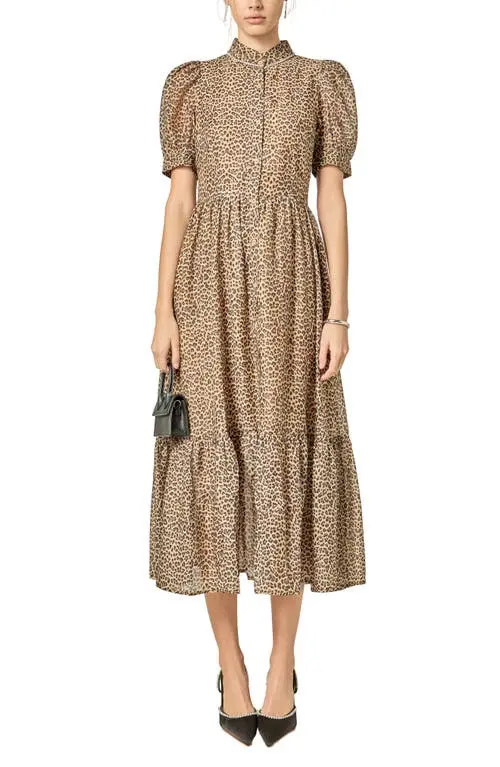 English Factory Print Organza Puff Sleeve Midi Dress - Leopard