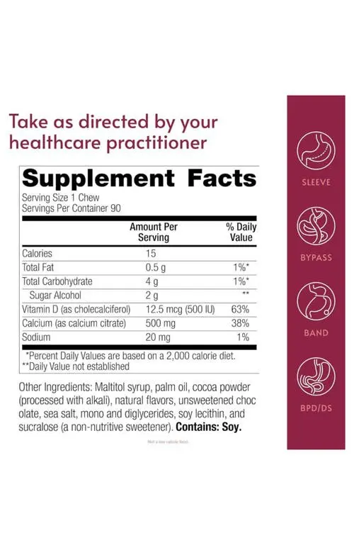 BARIATRIC ADVANTAGE Calcium Citrate Chewy Bites 500 Mg Highly Absorbable Vitamin D3 Supplement 90 Count