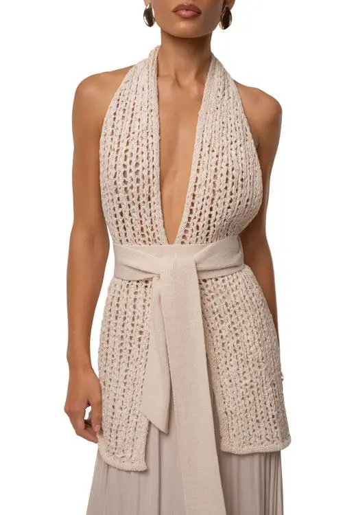 JLUXLABEL Low Tide Crochet Halter Top With Adjustable Waist Sash - Ivory