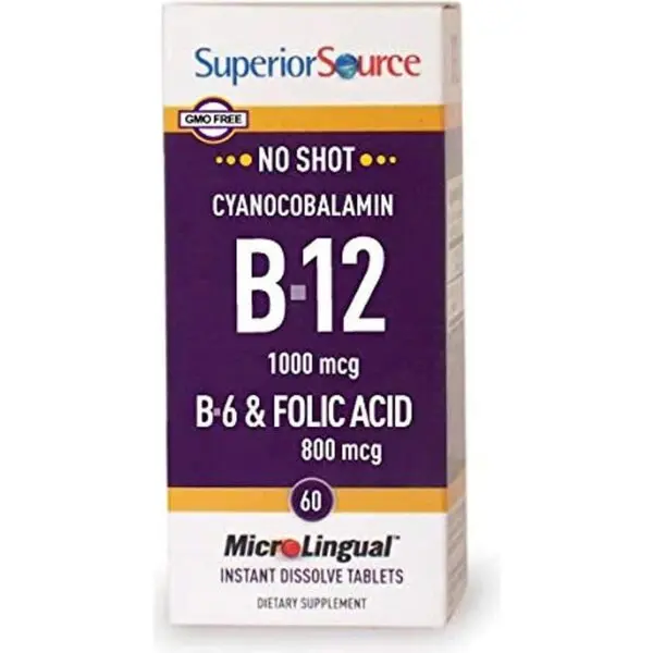 SUPERIOR SOURCE No Shot Vitamin B-12 Cyanocobalamin B-6 Folic Acid Sublingual Dissolving Tablets - White