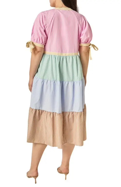 English Factory Colorblock Stripe Tiered Midi Dress
