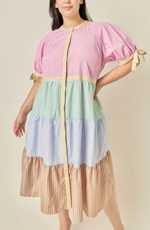 English Factory Colorblock Stripe Tiered Midi Dress