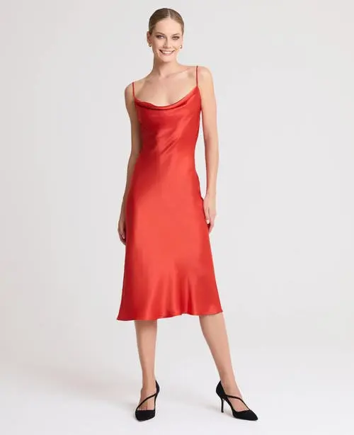 REALLY WILD CLOTHING Beatrice Silk Satin Bias Cut Slip Dress - Red