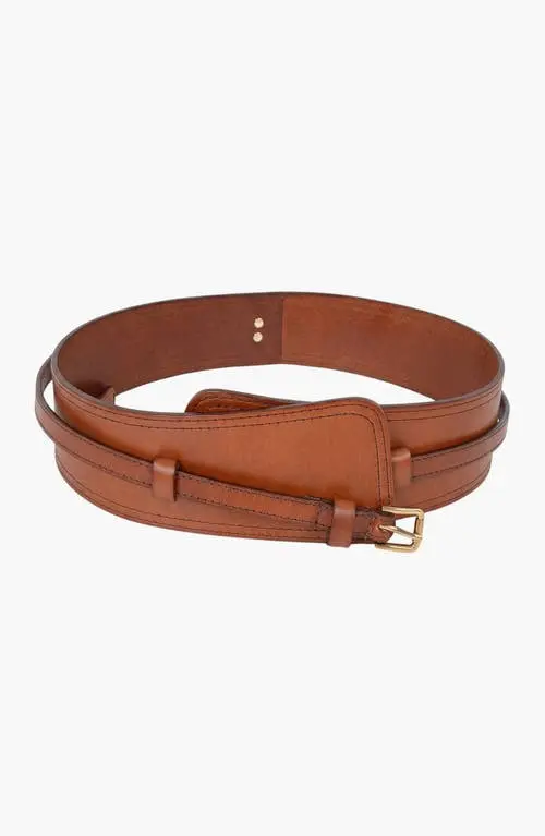 MODENAIRE Wide Leather Waist Belt With Layered Strap And Gold Tone Buckle - Brown