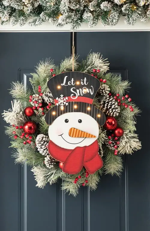 GLITZHOME 19"h Lighted 3d Wooden Metal Snowman Wall Decor