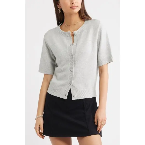 Bp. Short Sleeve Crewneck Cardigan - Grey Soft Heather