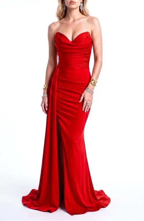 JESSICA ANGEL Strapless Sweetheart Mermaid Gown With Side Drape And Slit - Red
