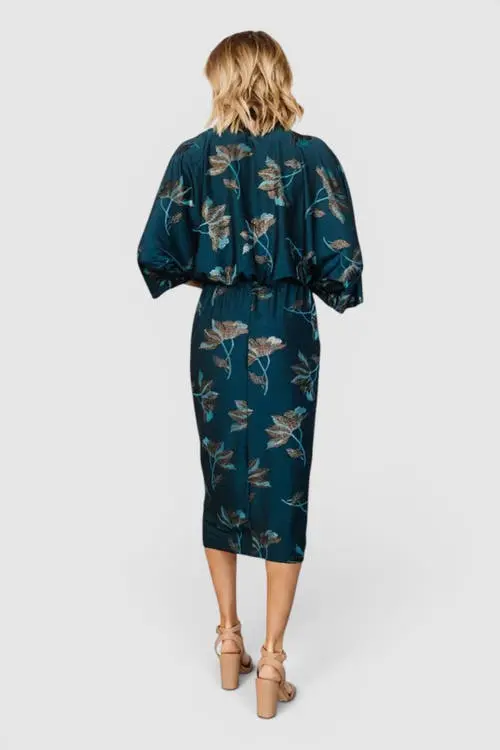 BALTIC BØRN Shaneen Ruched Midi Dress Jade Floral Shimmer