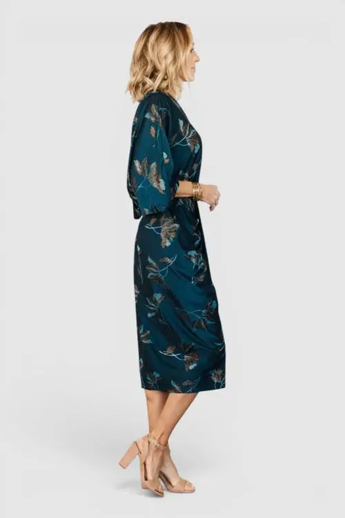 BALTIC BØRN Shaneen Ruched Midi Dress Jade Floral Shimmer