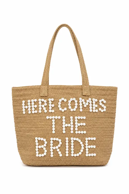 UNTAMED PETALS Here Comes The Bride" Pearl Embellished Straw Tote