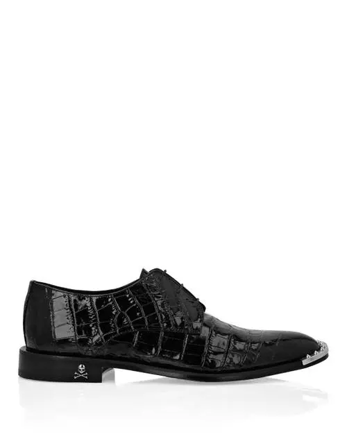 Philipp Plein Crocodile-effect Leather Lace-up Derby Shoes With Skull Detail