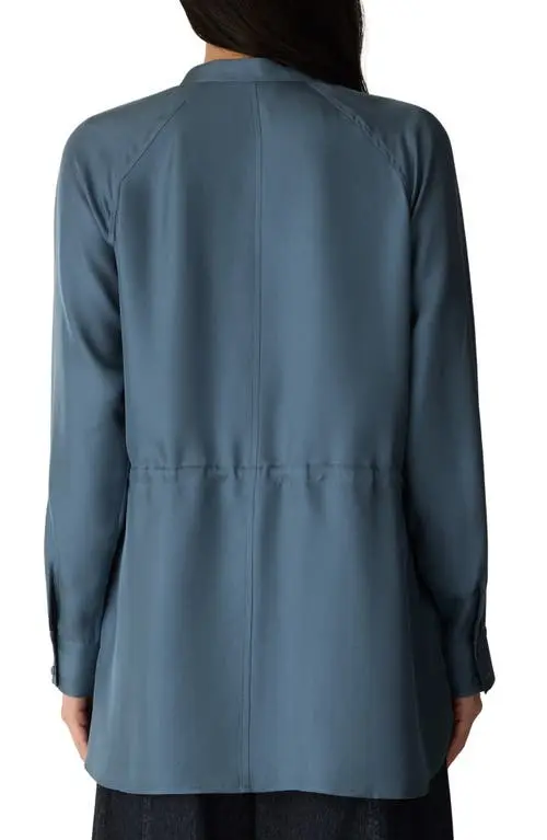 Eileen Fisher Silk Mandarin Collar Shirt With Drawstring Waist