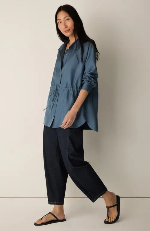 Eileen Fisher Silk Mandarin Collar Shirt With Drawstring Waist