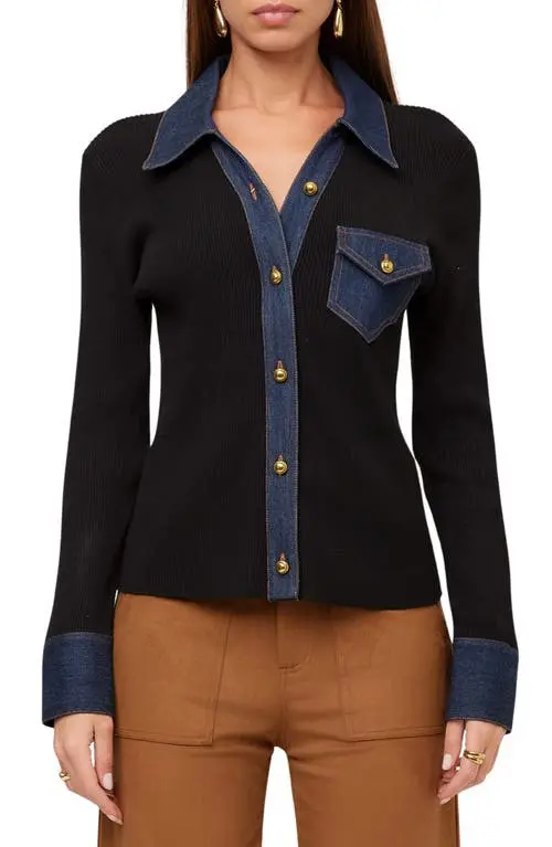 Fifteen Twenty Ribbed Cardigan With Denim Trim