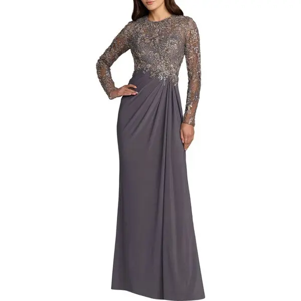 Mac Duggal Long Sleeve Beaded Embroidered Gown - Charcoal