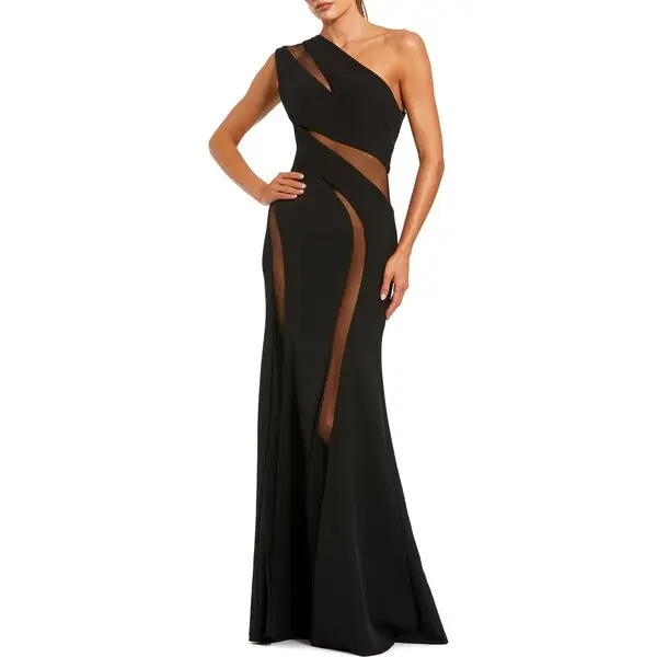 Mac Duggal One Shoulder Illusion Cutout Gown - Black