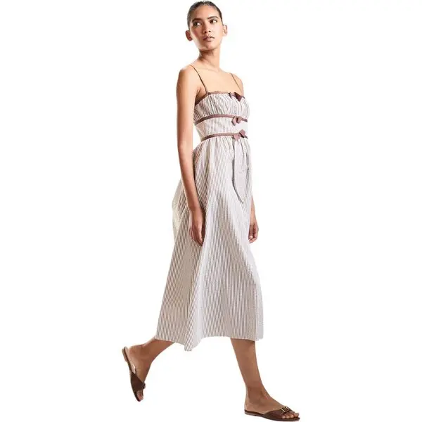 Cynthia Rowley Seersucker Midi Dress With Bow Details - Brown Pinstripe