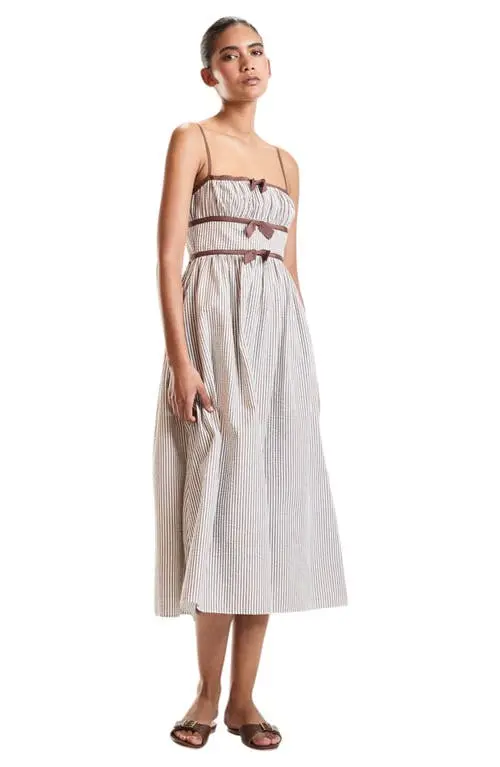 Cynthia Rowley Seersucker Midi Dress With Bow Details - Brown Pinstripe