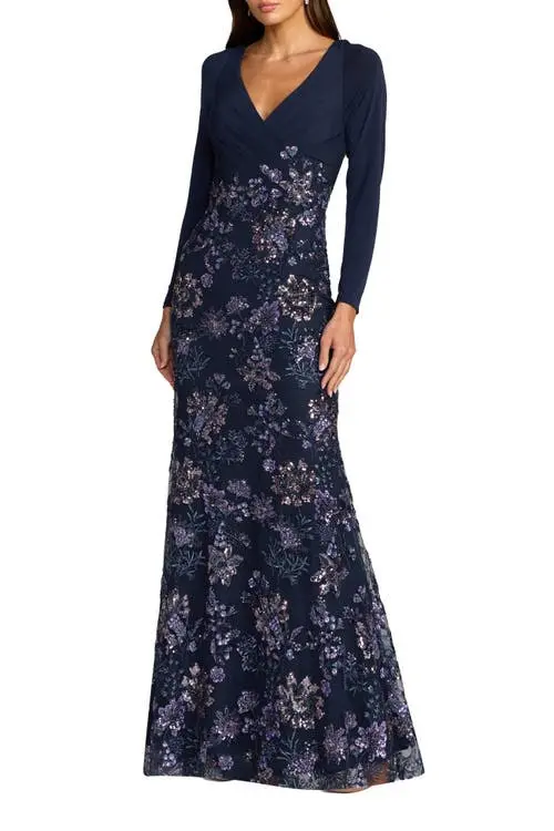 Mac Duggal Petite Floral Embroidered Long Sleeve Gown