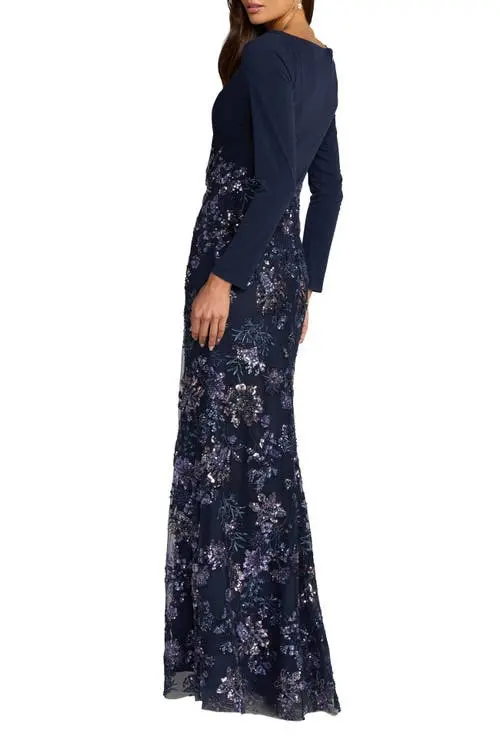 Mac Duggal Petite Floral Embroidered Long Sleeve Gown
