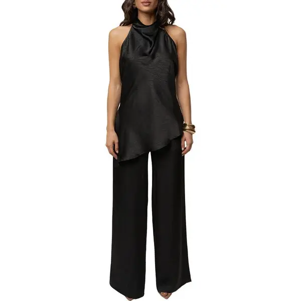 JLUXLABEL Draped Satin Halter Top And High-waisted Trouser Set - Black