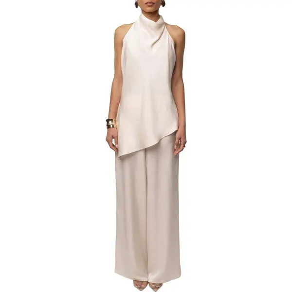 JLUXLABEL Draped Satin Halter Top And High-waisted Trouser Set - Cream