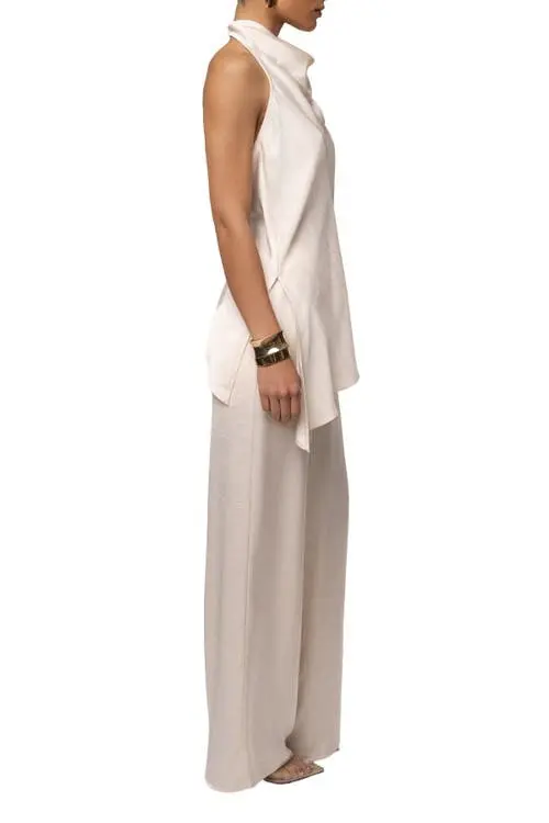 JLUXLABEL Draped Satin Halter Top And High-waisted Trouser Set - Cream
