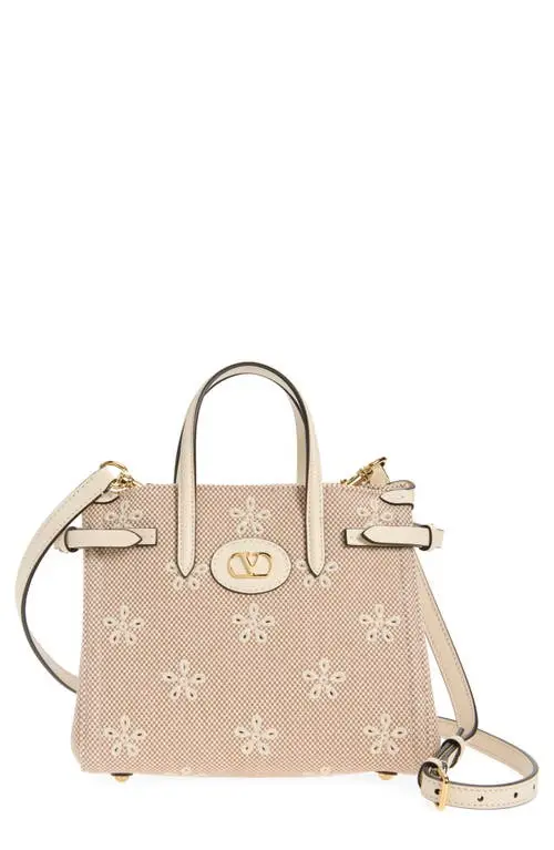 Valentino Garavani Small Antibes Flower Embroidered Eyelet Canvas Tote - Natural