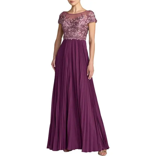 Mac Duggal Petite Embroidered Cap Sleeve Pleated Gown - Plum