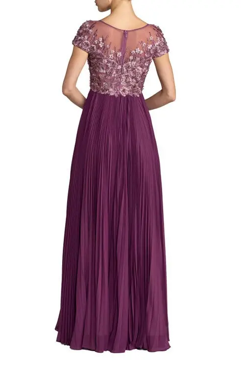 Mac Duggal Petite Embroidered Cap Sleeve Pleated Gown