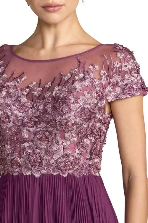Mac Duggal Petite Embroidered Cap Sleeve Pleated Gown