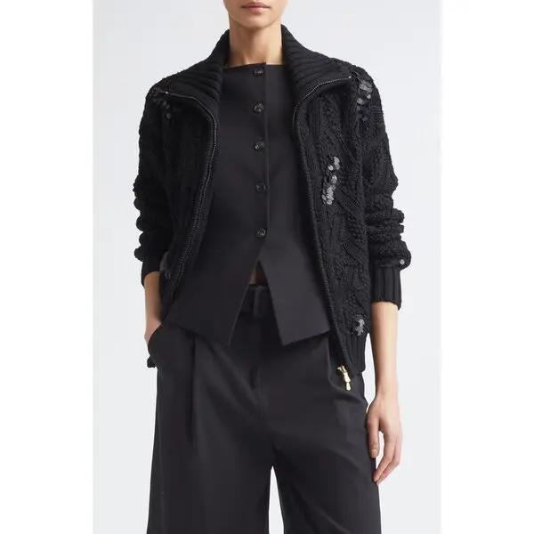 Eleventy Sequin Embellished Cable Stitch Wool Zip Cardigan
