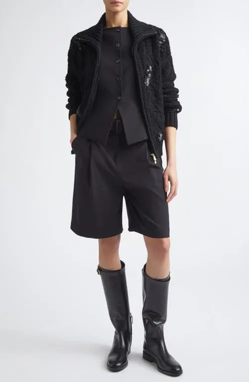 Eleventy Sequin Embellished Cable Stitch Wool Zip Cardigan