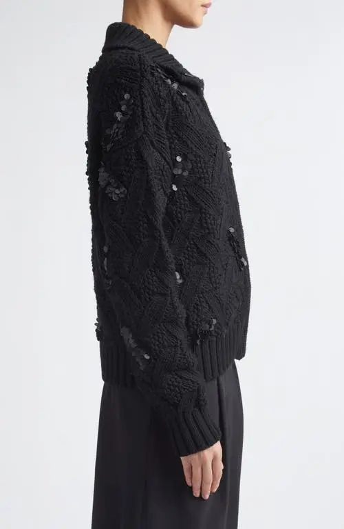 Eleventy Sequin Embellished Cable Stitch Wool Zip Cardigan