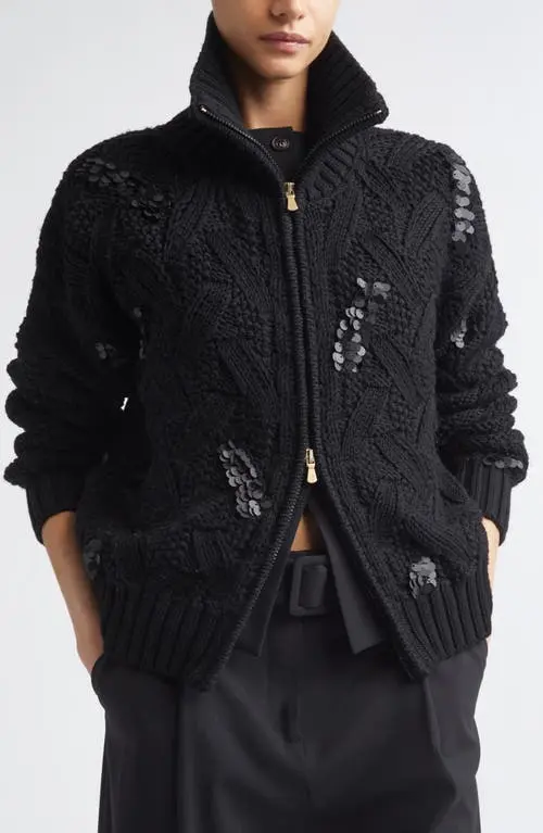 Eleventy Sequin Embellished Cable Stitch Wool Zip Cardigan