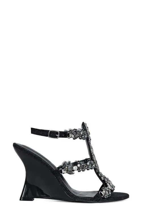 AZALEA WANG Porceline Wedge Sandal With Floral Rhinestone Embellishments - Black