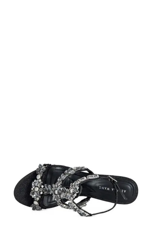 AZALEA WANG Porceline Wedge Sandal With Floral Rhinestone Embellishments - Black