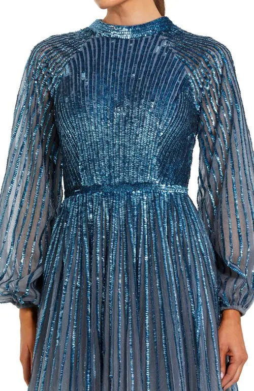 Mac Duggal Petite Ombré Sequin Long Sleeve Evening Gown