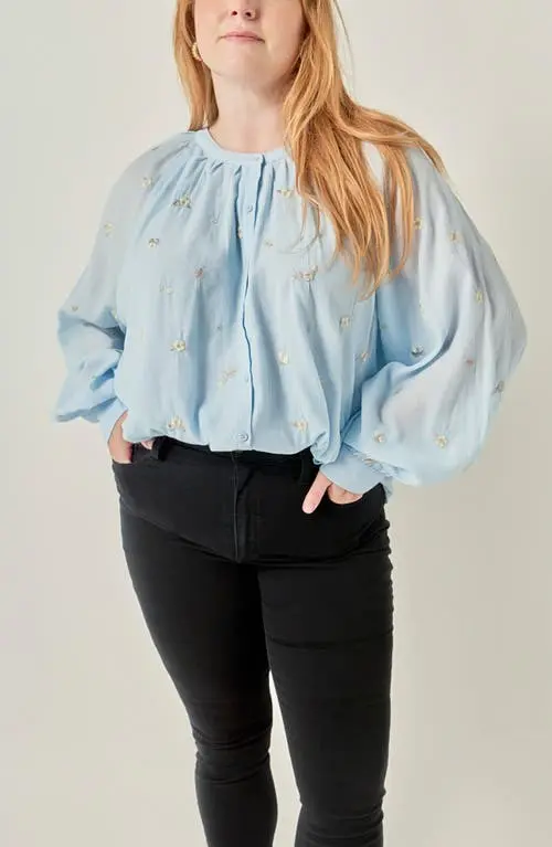 English Factory Embroidered Bishop Sleeve Blouse - Powder Blue