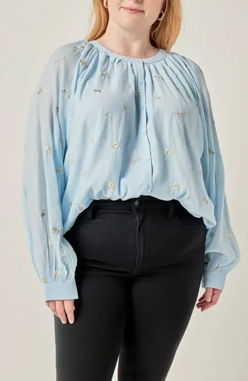 English Factory Embroidered Bishop Sleeve Blouse - Powder Blue