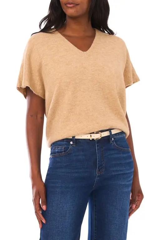 Vince Camuto V-neck Short Sleeve Boxy Sweater - Latte Heather