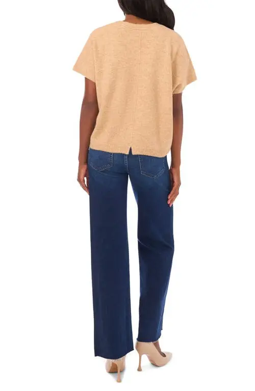 Vince Camuto V-neck Short Sleeve Boxy Sweater - Latte Heather
